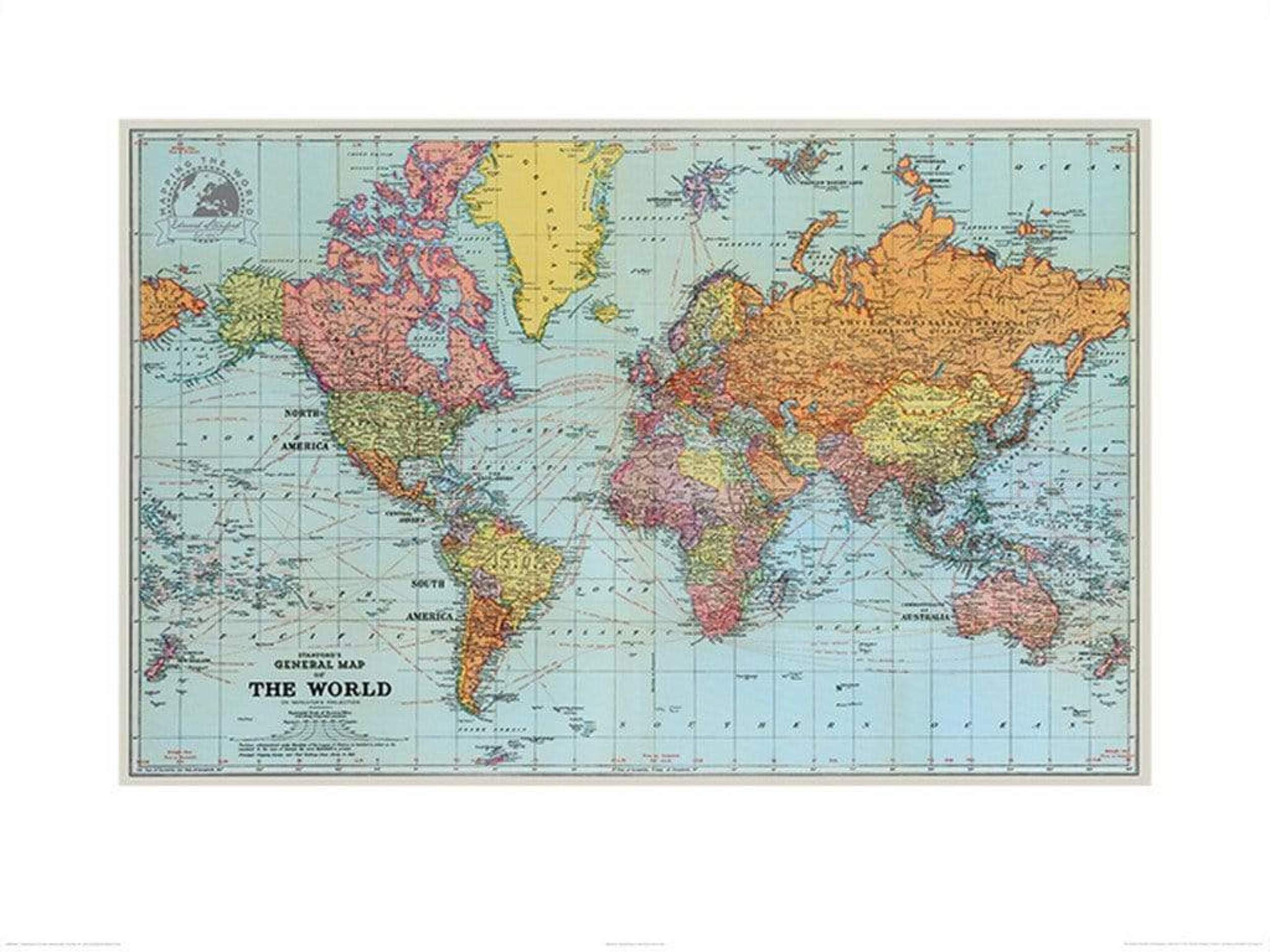 Art Print Stanfords General Map of the World 1920 60x80cm
